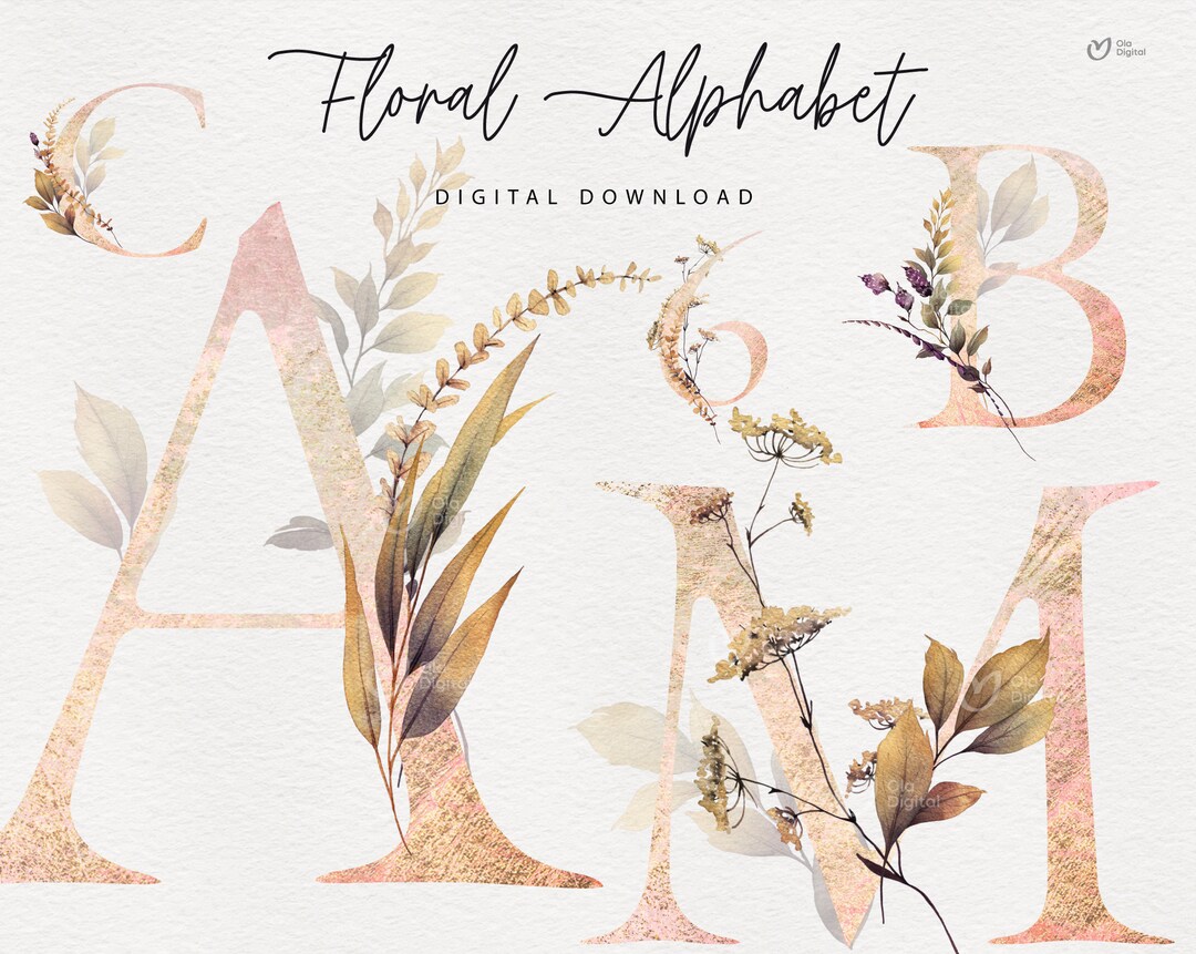 Letters and Numbers, Fall Floral Alphabet, Beige Alphabet Wedding ...