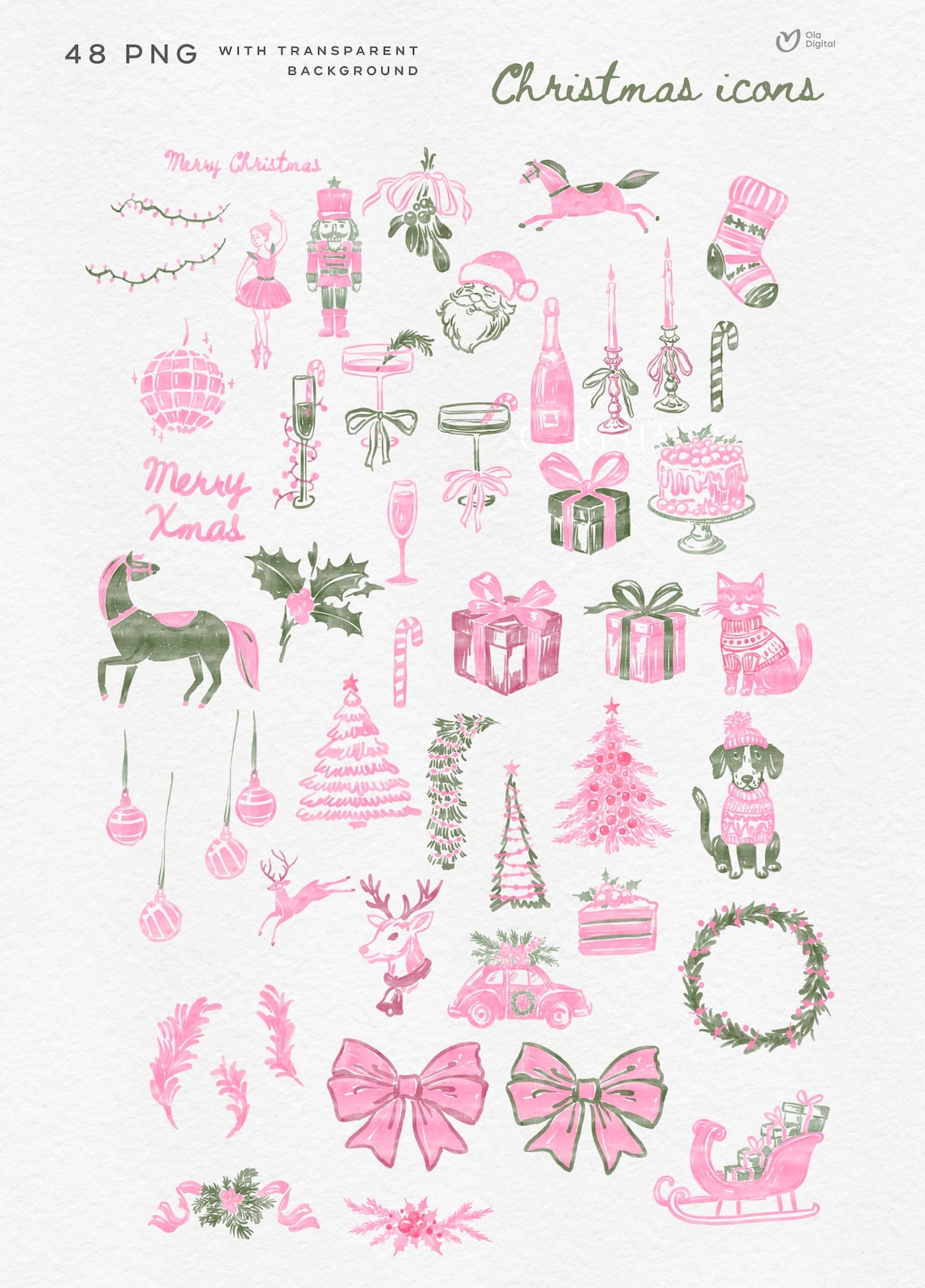 Pink Christmas Clipart PNG, Preppy Christmas Doodle Icons, Girly ...