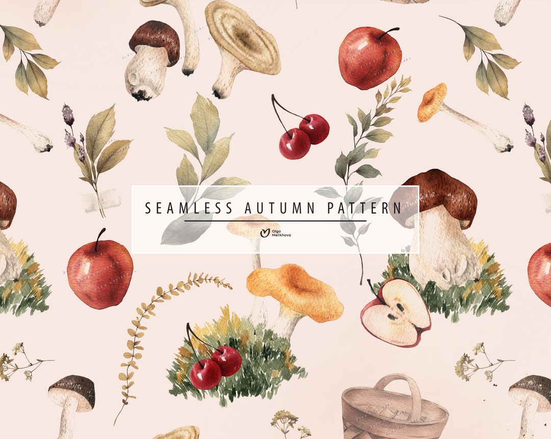 Seamless Autumn Pattern, Mushrooms, Autumn Leaves, Digital Paper PNG ...