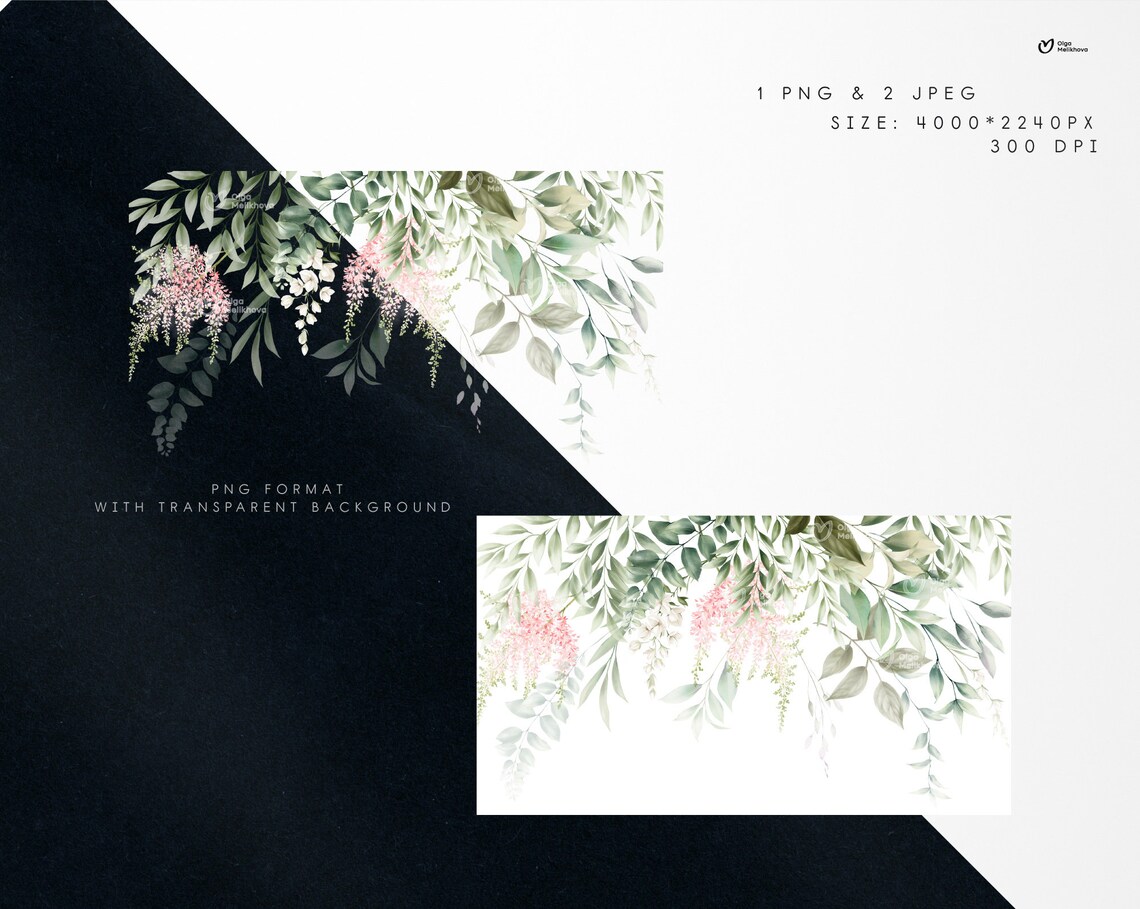 Floral Border Greenery Foliage Border Green Leaves & Pink - Etsy