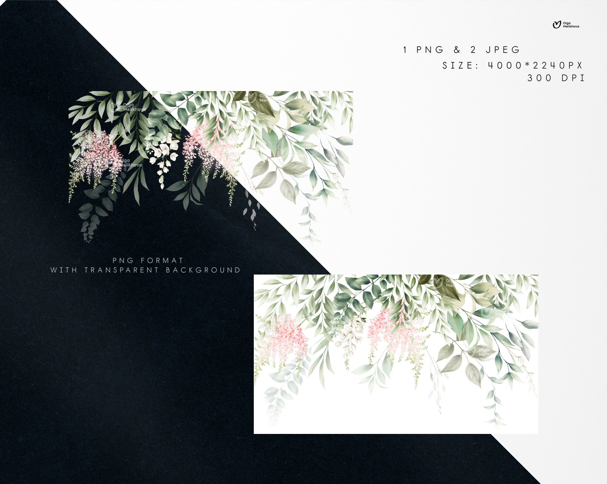 Floral Border Greenery Foliage Border Green Leaves & Pink - Etsy