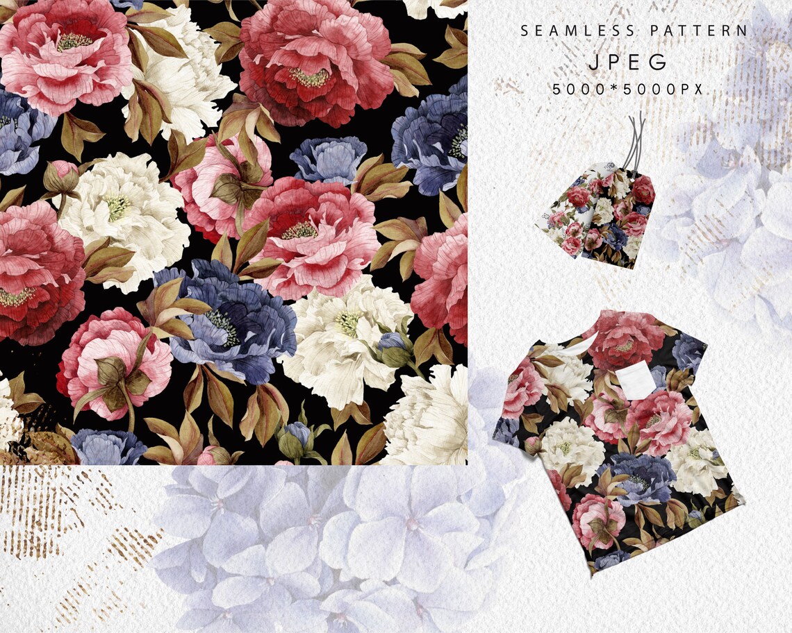 Collection of Seamless Floral Patterns With Peonies Digital - Etsy
