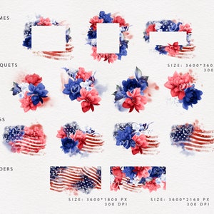 4th of July American Flag Clipart Floral Collection, Seamless Borders ...