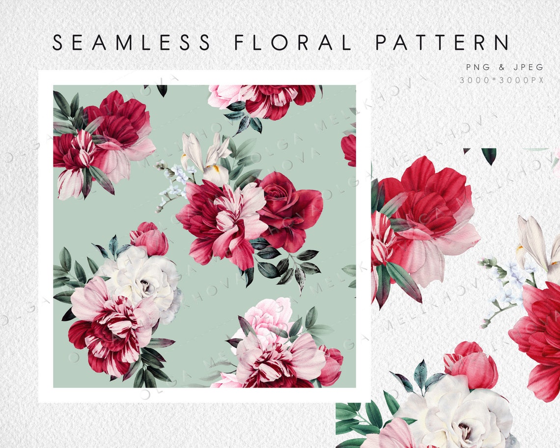 PEONIES & ROSES Watercolor floral digital pack Red flowers | Etsy