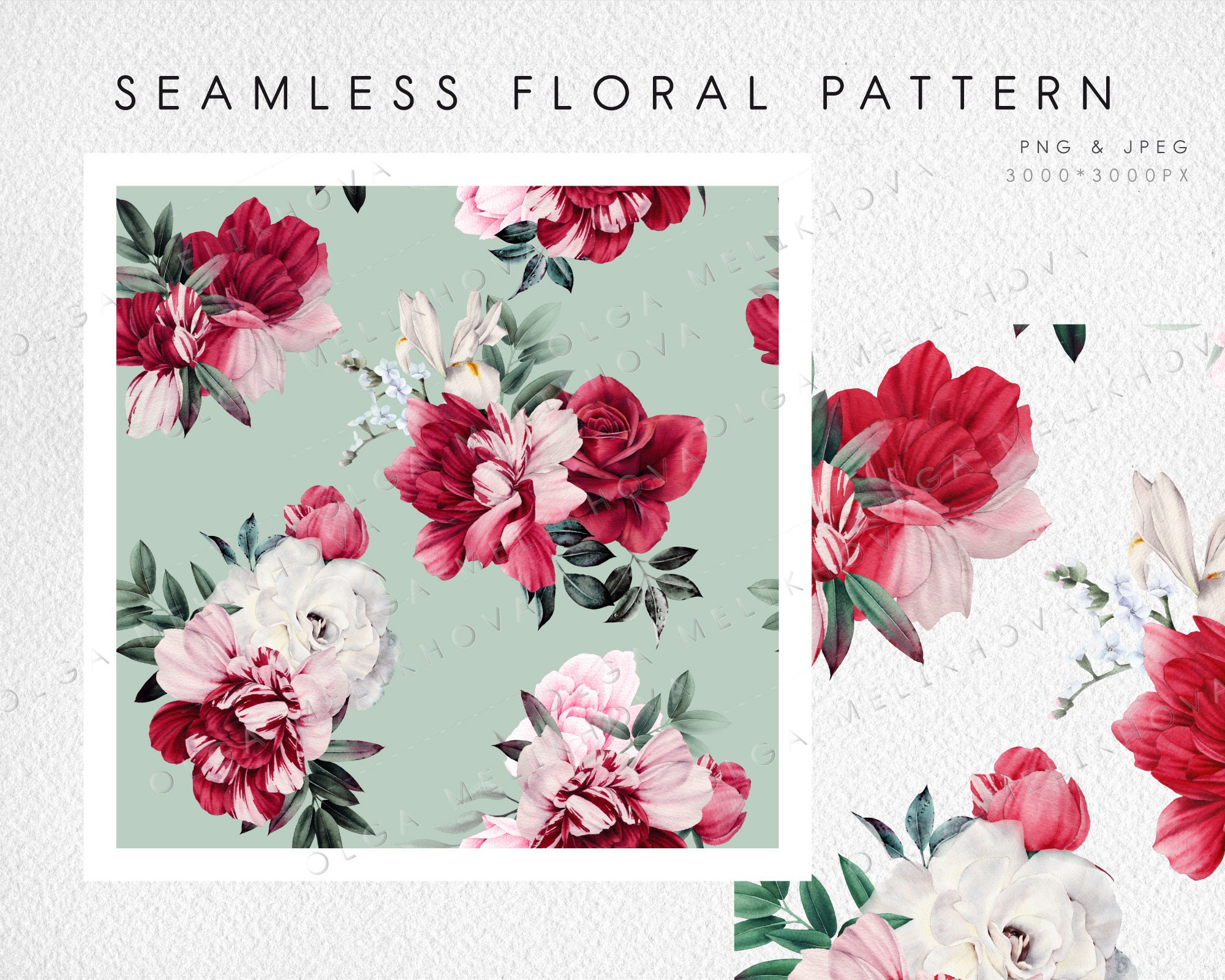 PEONIES & ROSES Watercolor floral digital pack Red flowers | Etsy