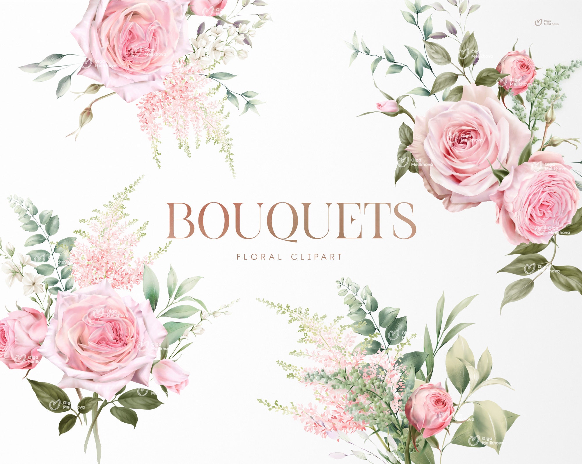 Floral Bouquets Clipart Pink Flowers Watercolor Flower - Etsy