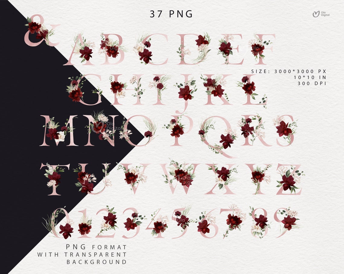 Letters and Numbers, Burgundy Floral Alphabet, Pink Alphabet Wedding ...
