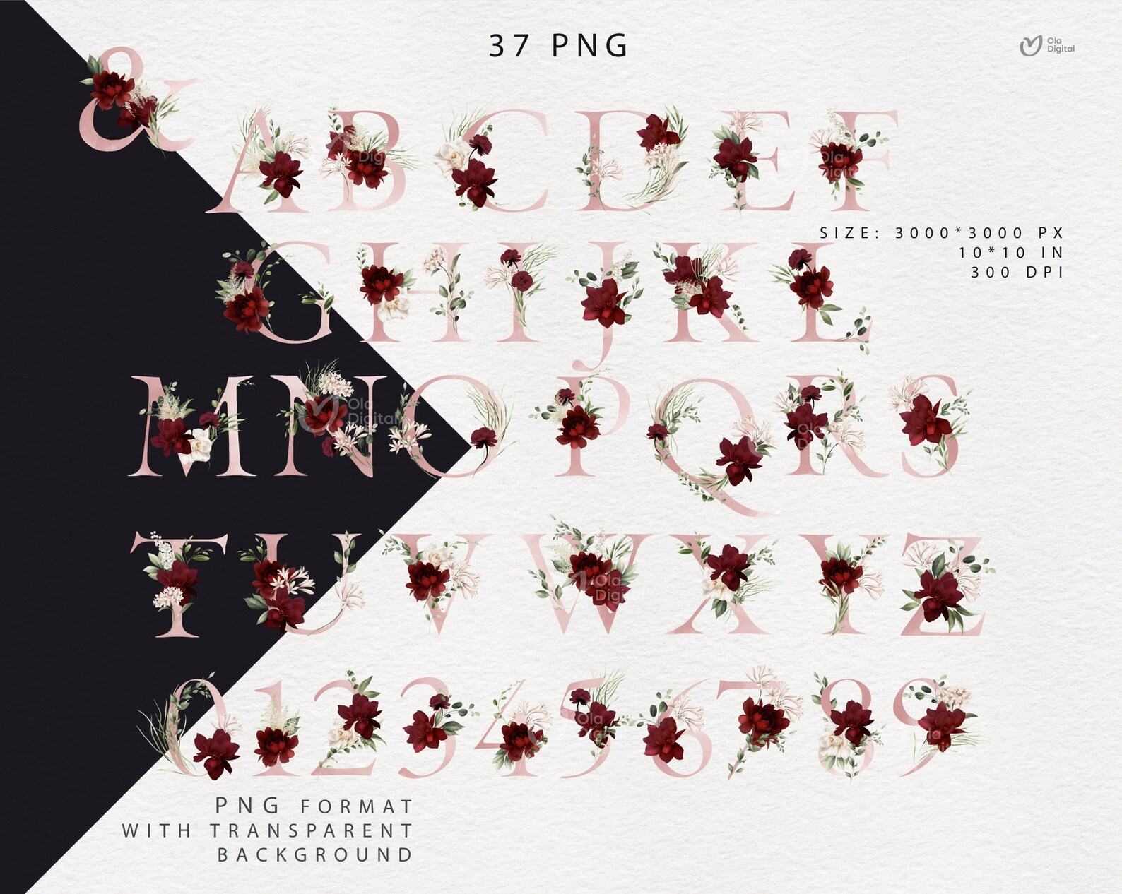 Letters and Numbers, Burgundy Floral Alphabet, Pink Alphabet Wedding ...