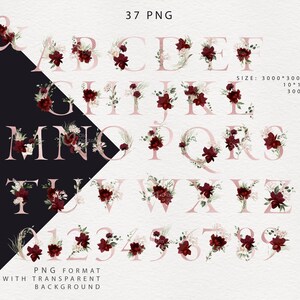 Letters and Numbers, Burgundy Floral Alphabet, Pink Alphabet Wedding ...