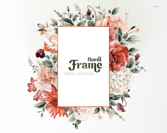 Floral Frame Foliage and Garden Flowers Greeting Card - Etsy