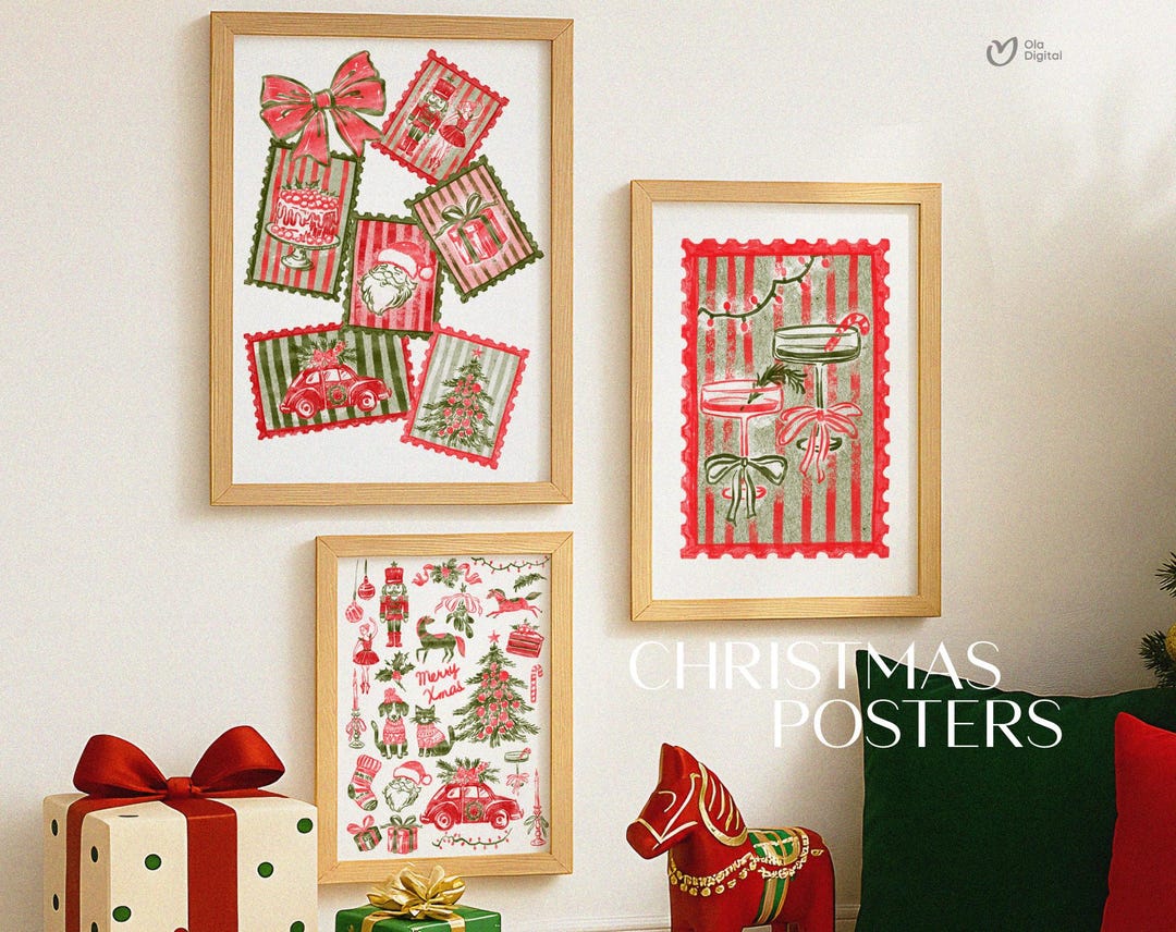 Christmas Posters Set of 3 Printable Wall Art, Holiday Stamps Home ...