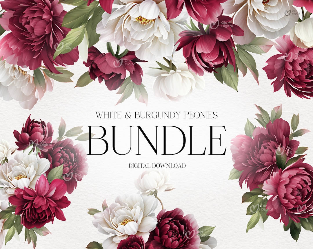 White & Burgundy Peonies Bundle, Floral Bundle, Border-frames, Wedding ...