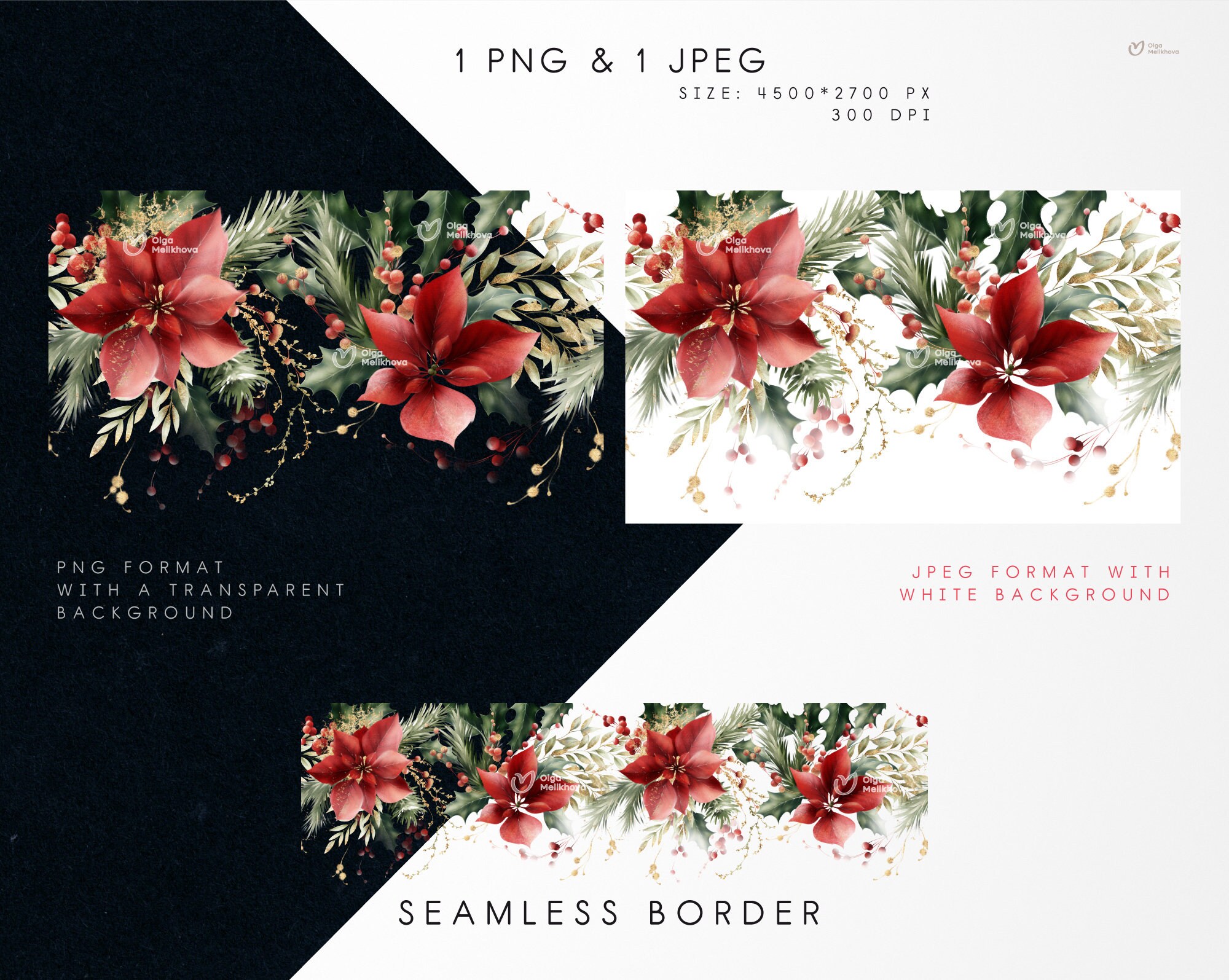 Christmas Seamless Border, Watercolor Poinsettia Flowers, New Year ...