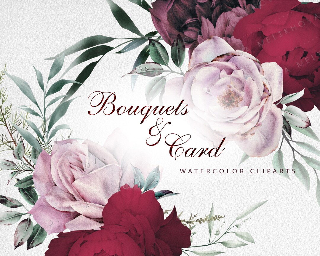 Watercolor Floral Clipart, Burgundy Flowers, Bouquets and Frame, Floral ...