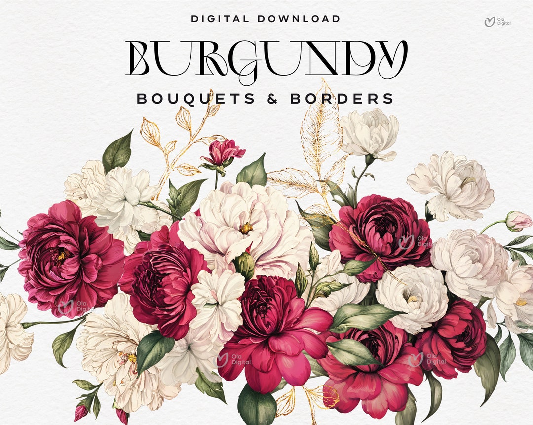 Burgundy White Floral Clipart, Vintage Antique Flowers, Floral Borders ...