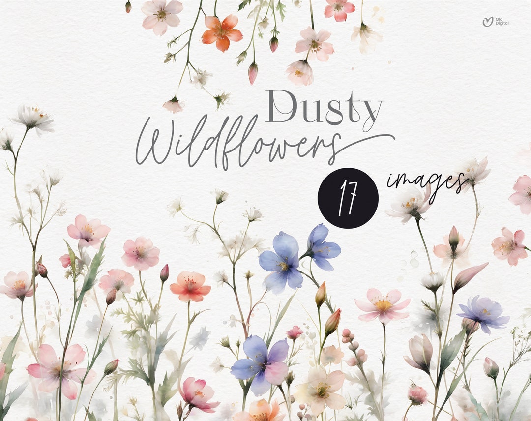 Watercolor Floral Clipart, Dusty Wild Floral, Wild Flowers Borders ...