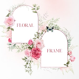 Floral Frame, Foliage and Pink Roses, Greenery Double Frame, Watercolor ...
