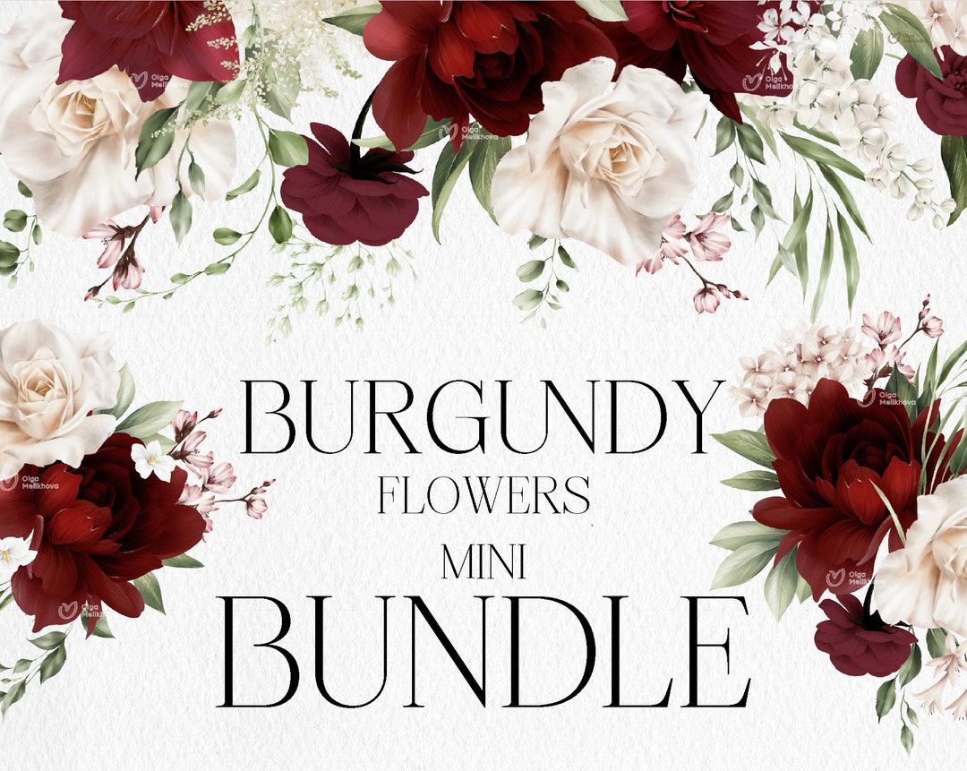 Burgundy Flowers Bundle, Border-frames, Wedding Invite Card, Bouquets ...