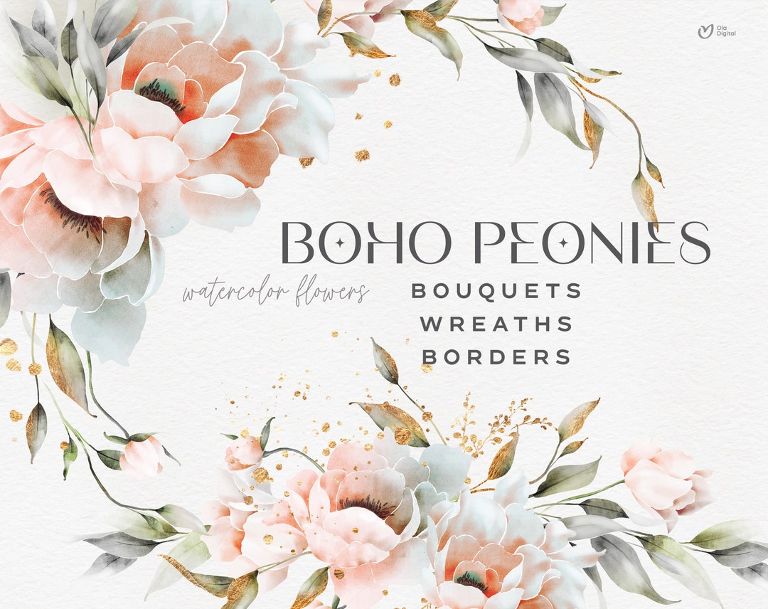 Boho Peonies Floral Clipart, Floral Wreath, Peonies Clipart, Floral ...