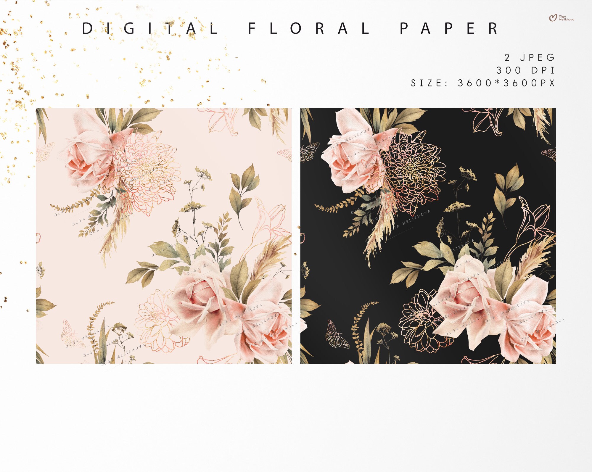 Seamless Floral Pattern Digital Paper Watercolor Roses Gold - Etsy
