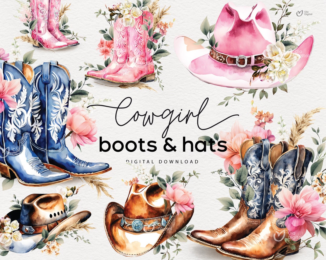 Watercolor Cowgirl Boots and Hats, Western Clipart, PNG Format Instant ...