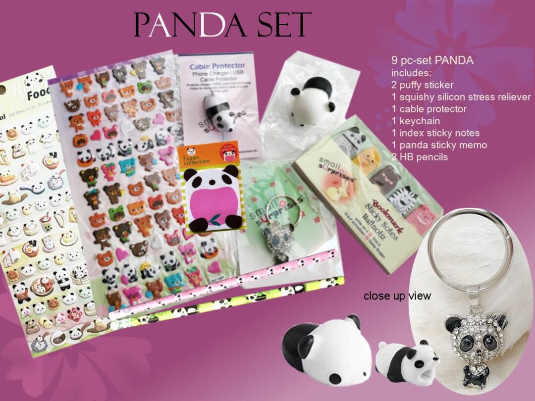 Panda-lovers Gift Set 9pc Panda Set Panda Squishy Panda Cable Protector ...