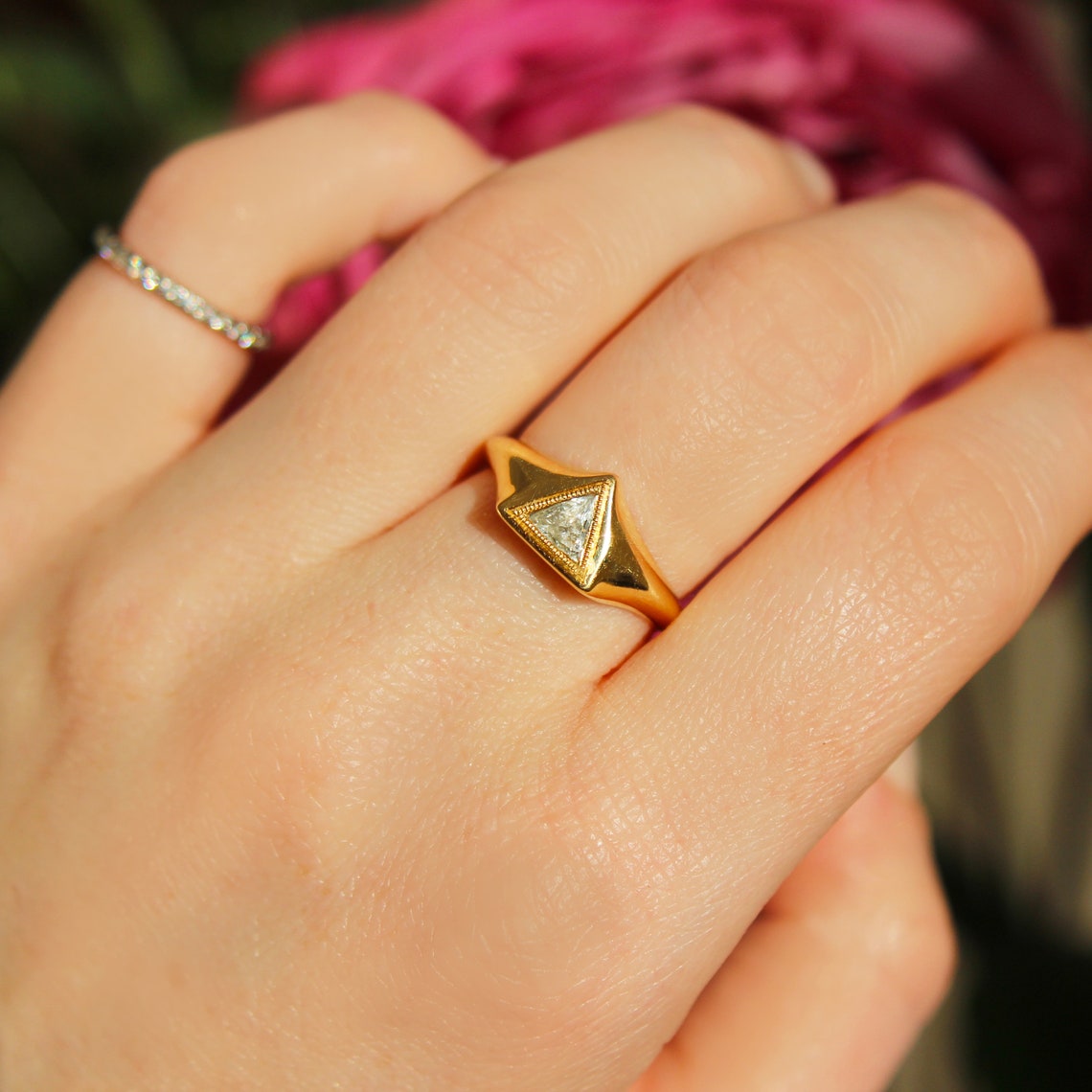 Trillion Diamond Signet Ring Triangle Engagement Ring Hand - Etsy