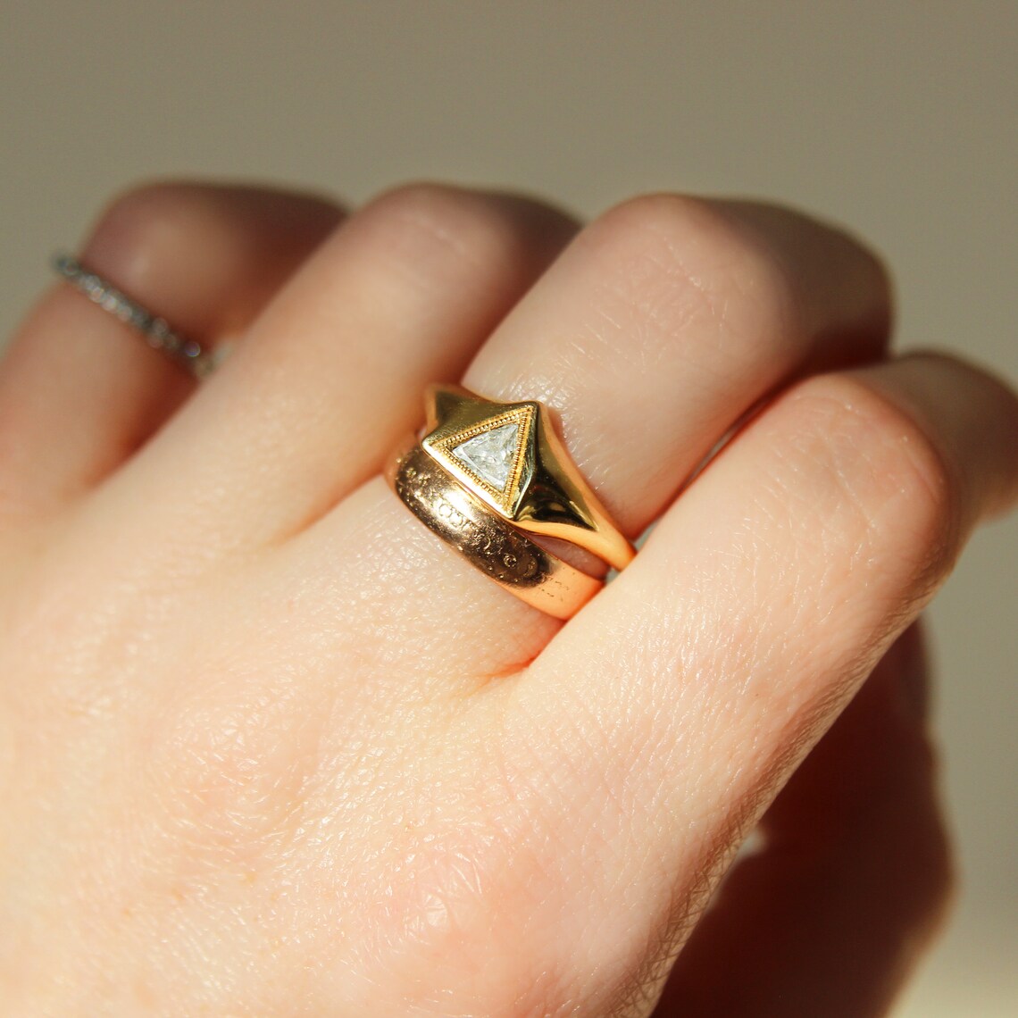 Trillion Diamond Signet Ring Triangle Engagement Ring Hand - Etsy