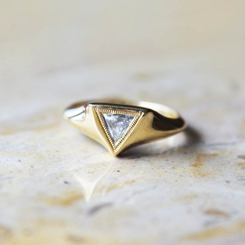 Trillion Diamond Signet Ring Triangle Engagement Ring Hand - Etsy