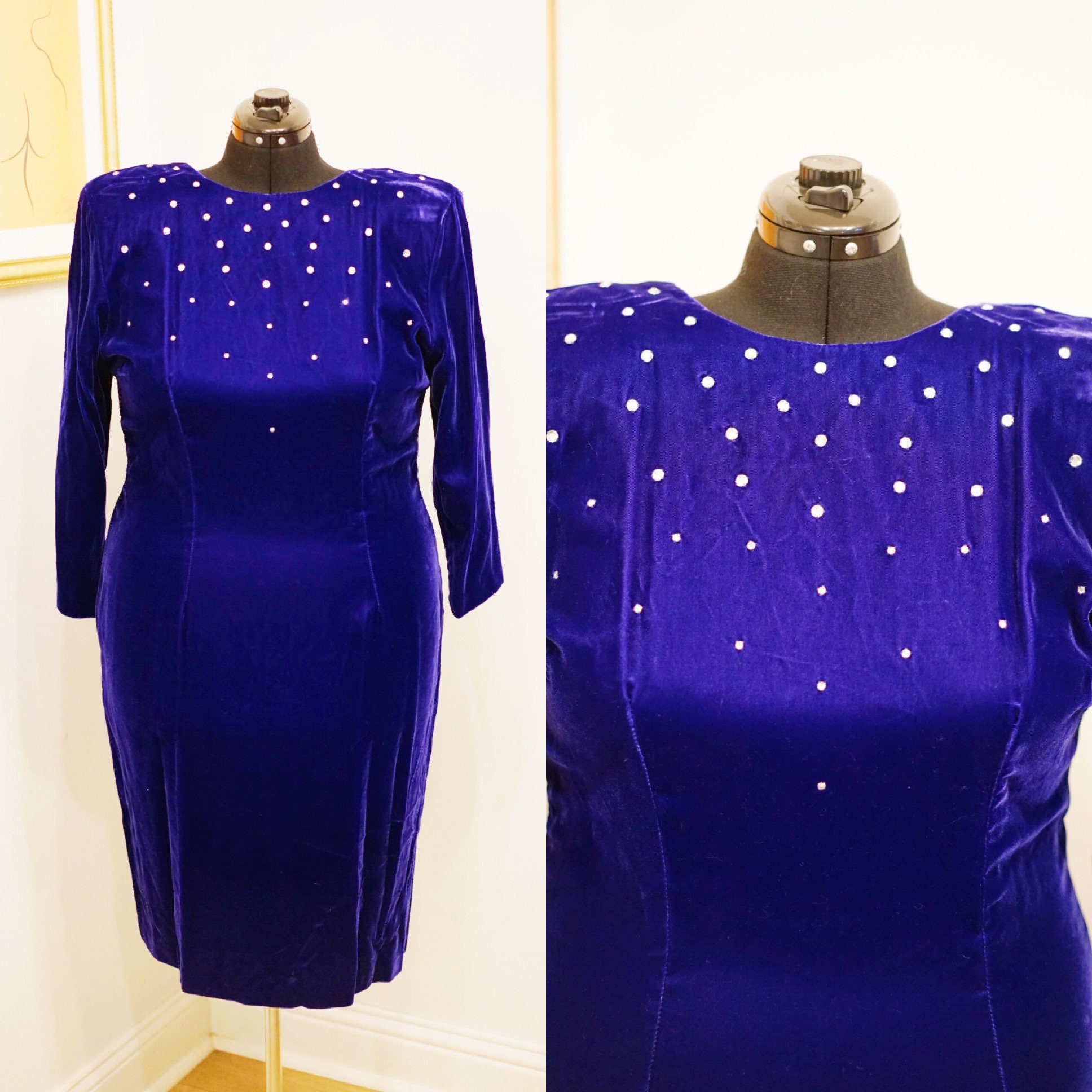 Vintage PLUS SIZE Jewel Toned Royal Blue Velvet Bodycon Rhinestone ...