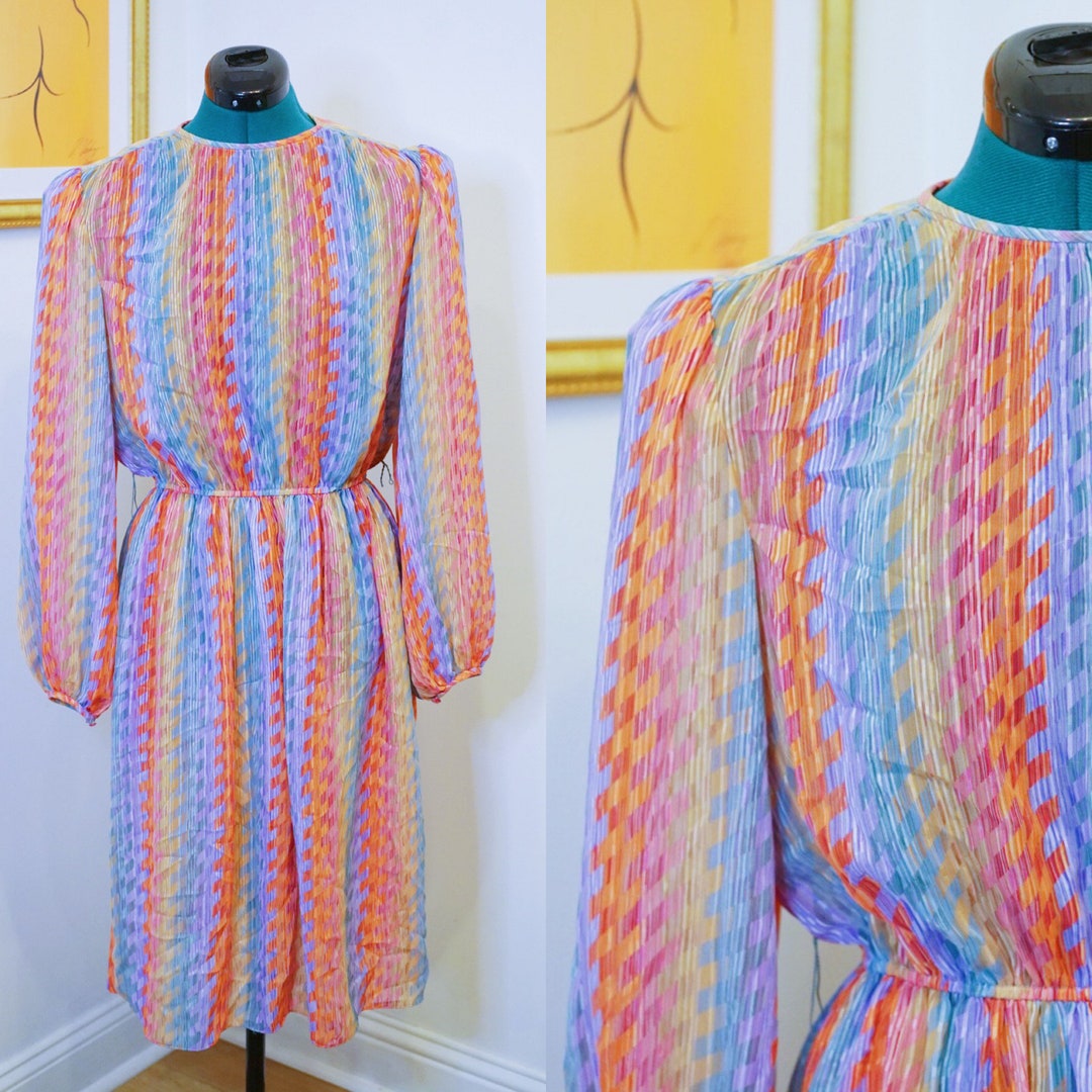 Vintage Jackie Taub Sheer Rainbow Chevron Puff Sleeve Midi Dress - Etsy