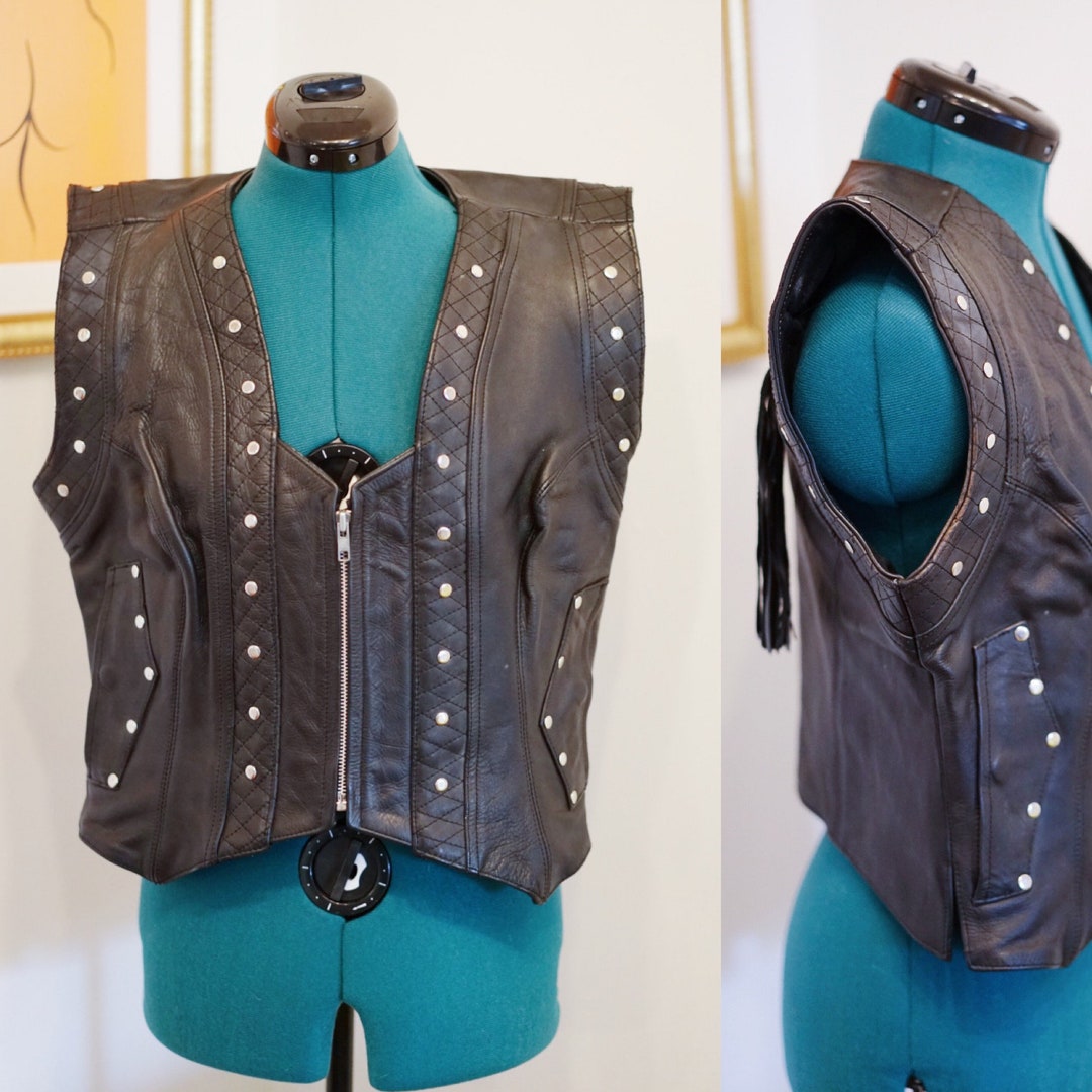 Vintage Leather Black Studded Highway One Biker Vest With Fringe - Etsy