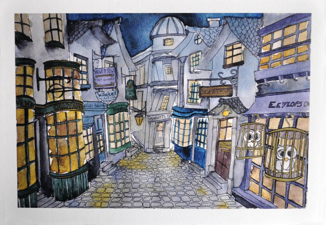 Illustration aquarelle Harry Potter Chemin de Traverse / Diagon alley ...