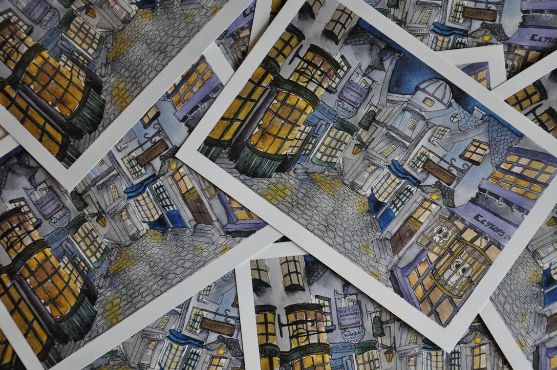Illustration aquarelle Harry Potter Chemin de Traverse / Diagon alley ...