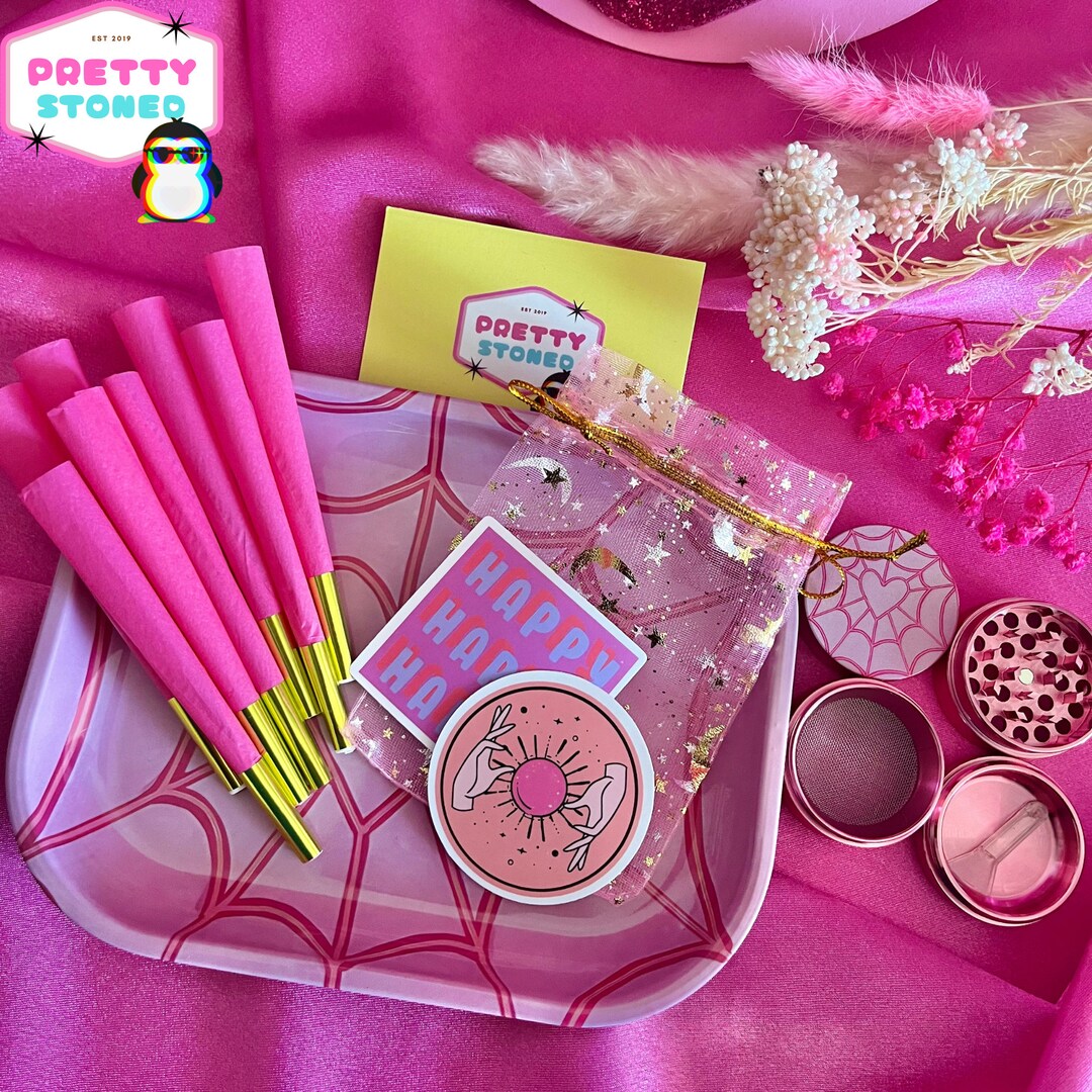 Pink Rolling Tray Gift Set With 4 Piece Metal Grinder and 8 Pre Rolled ...