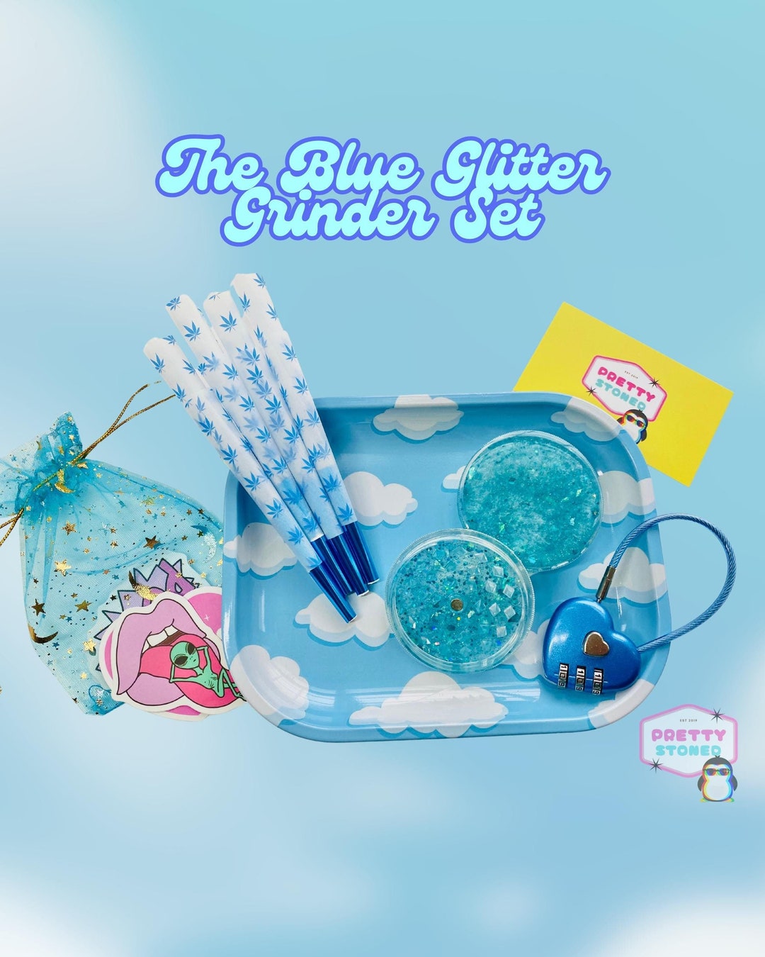Blue Rolling Tray Gift Set 4 Piece With Magnetic Grinder 8 Rolled Cones ...