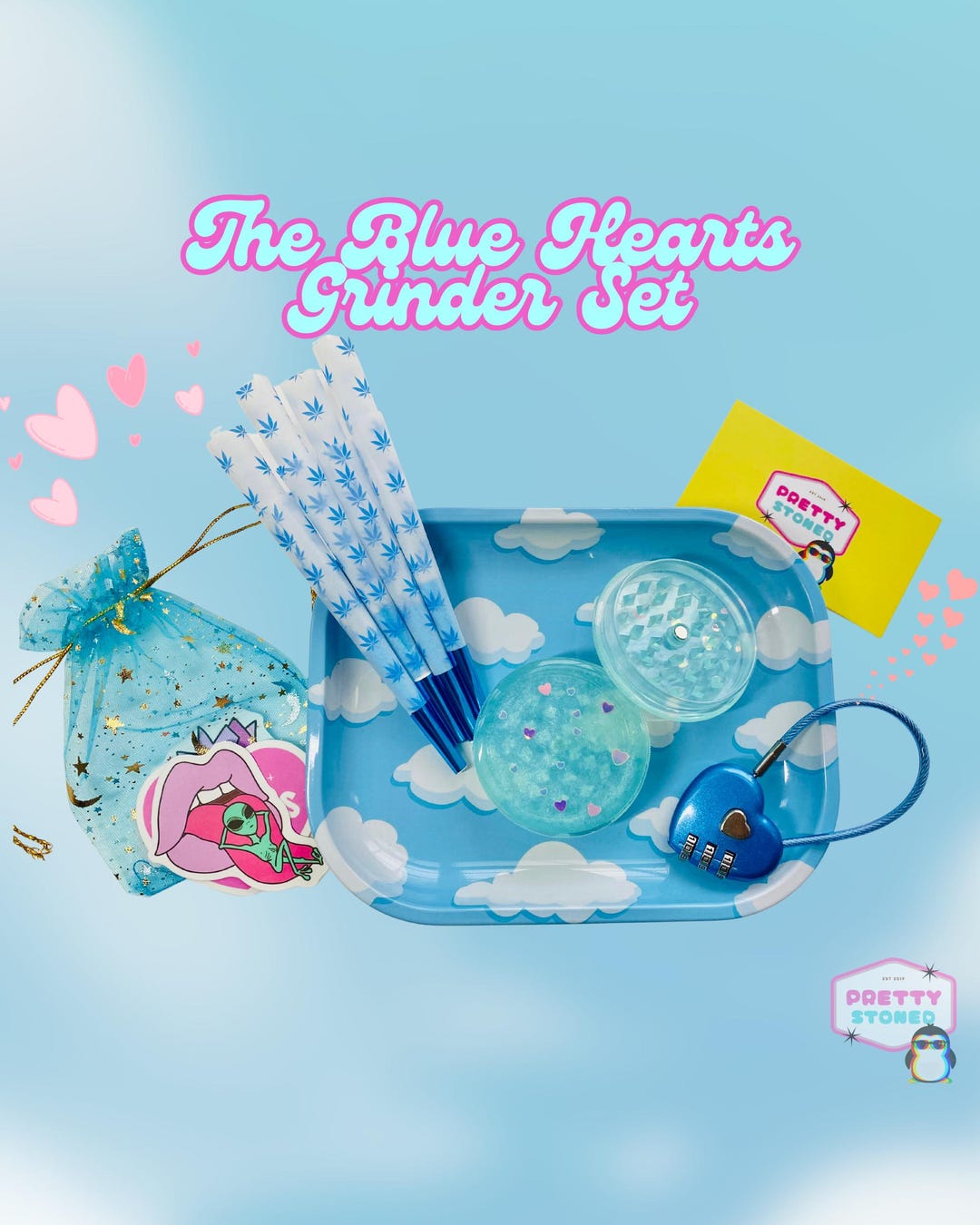 Blue Rolling Tray Gift Set 4 Piece With Magnetic Grinder 8 Rolled Cones ...