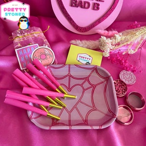 Pink Rolling Tray Gift Set With 4 Piece Metal Grinder and 8 Pre Rolled ...