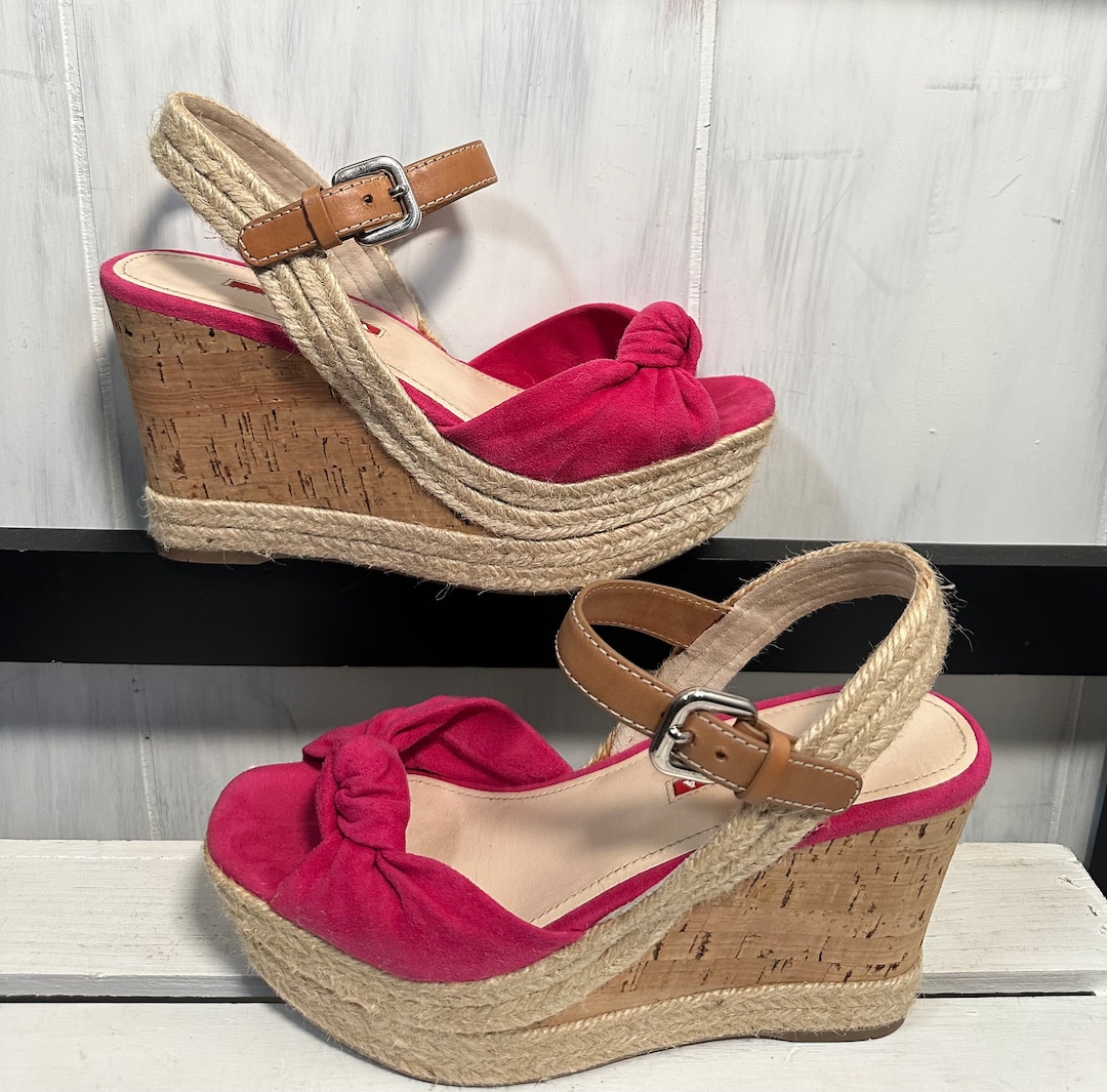 Prada Fuschia Suede Raffia & Cork Espadrille Wedge Sandals, Size 36/6 ...