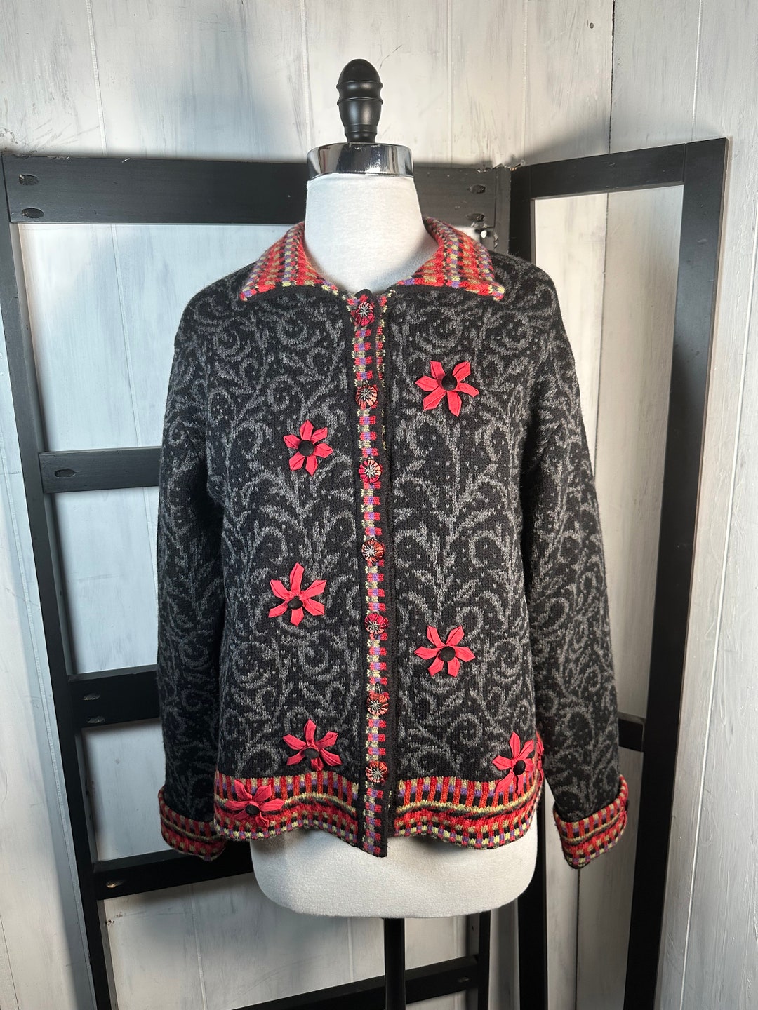 Icelandic Design Fully Lined Knit Wool Jacket, Very Embellished, Size ...