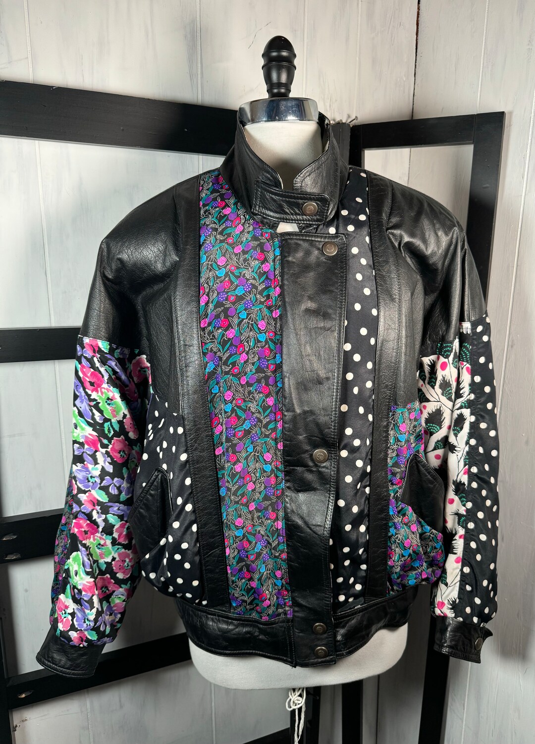 Clipper Bay 80s Insulated Black Leather & Floral Patchwork Bomber ...