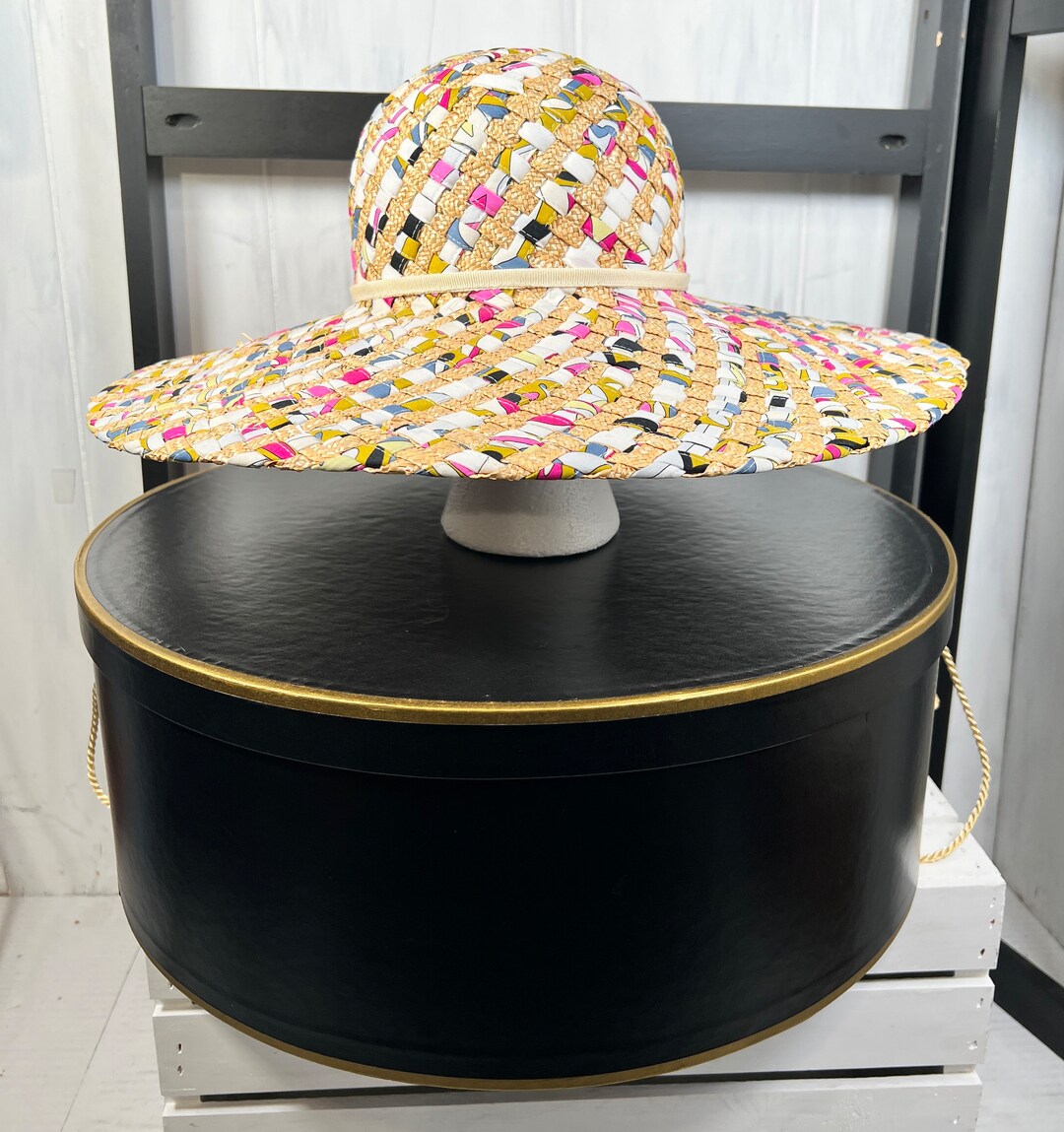 Emilio PUCCI Straw & Colorful Textile 6 Brim TROPHY Hat, Size Small ...