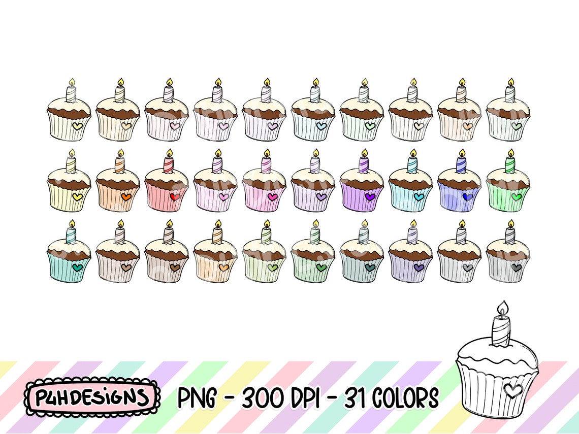Birthday Cupcake Clipart, Doodle Clipart, Multicolor, Commercial Use ...