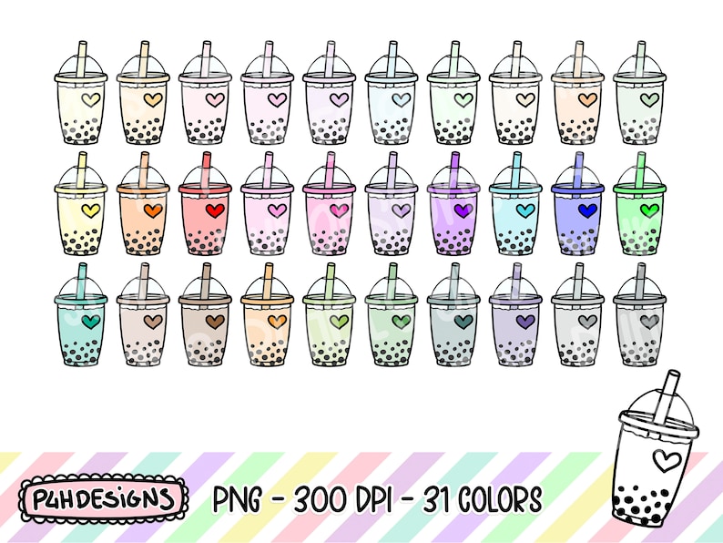 Boba Clipart, Bubble Tea Doodle Clipart, Multicolor, Commercial Use ...