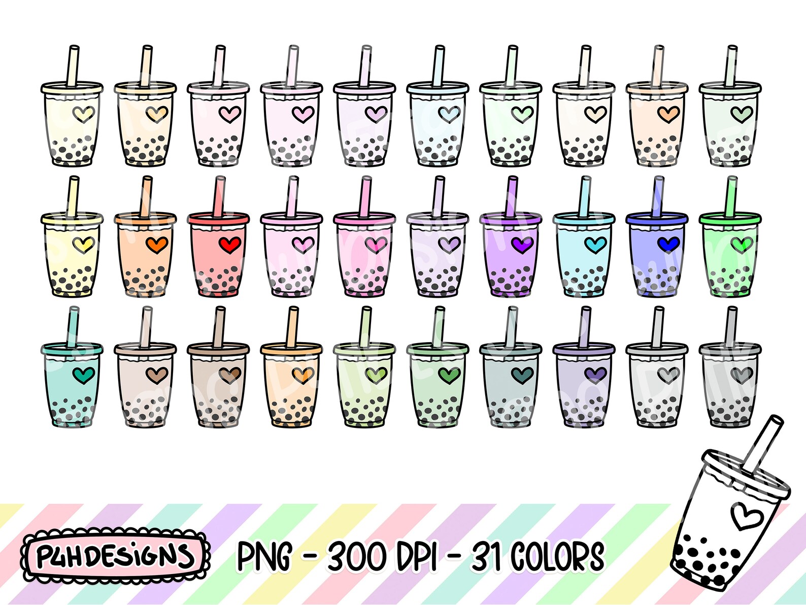 Boba Clipart, Bubble Tea Doodle Clipart, Multicolor, Commercial Use ...