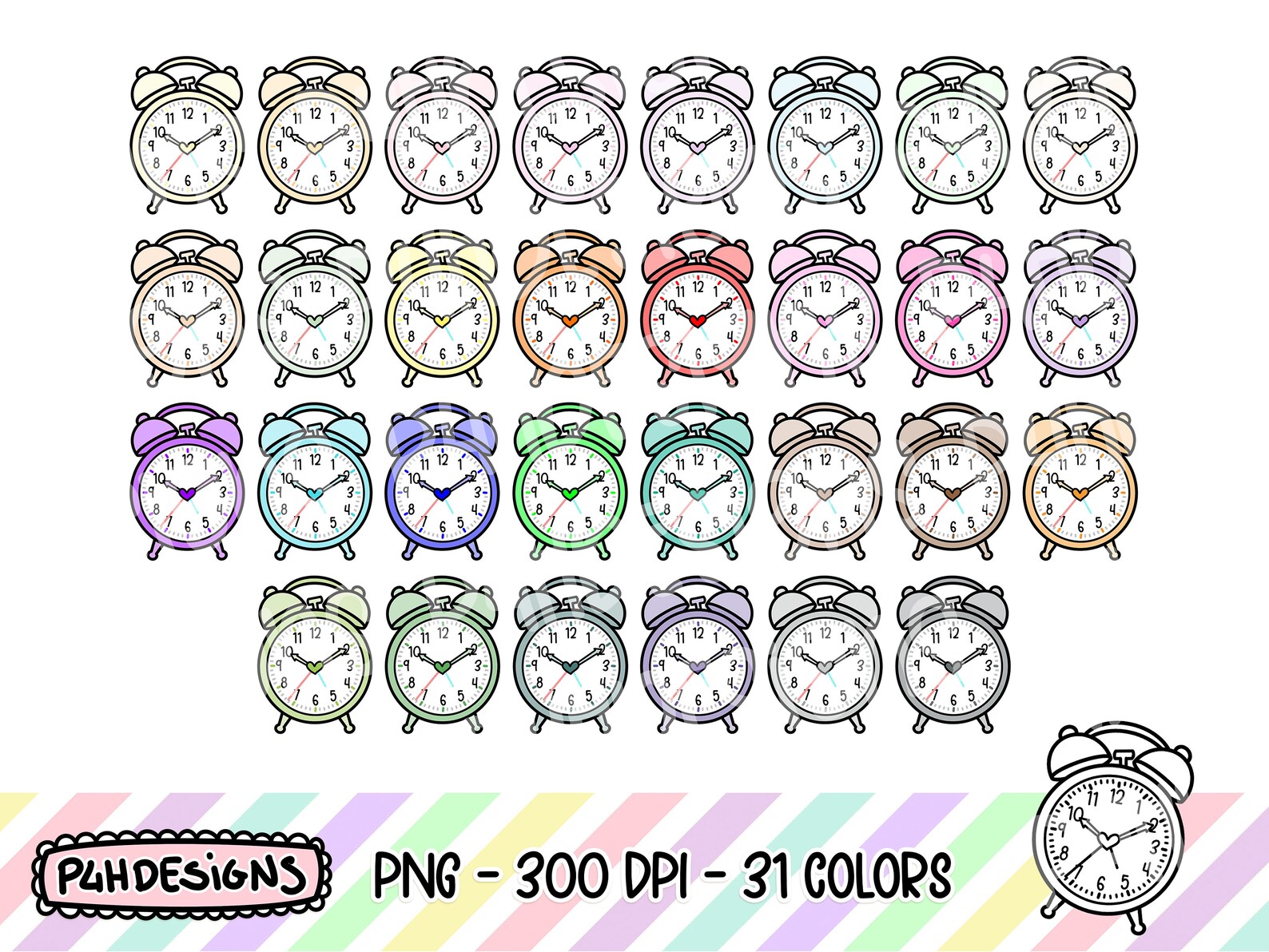Alarm Clock Clipart, Clock Doodle Clipart, Multicolor, Commercial Use ...