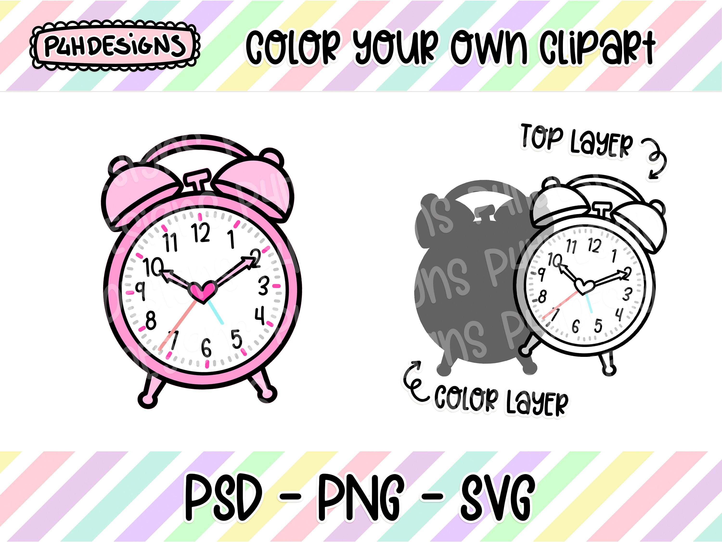 Alarm Clock Clipart, LAYERED, Doodle Clipart, Can Be Colored ...