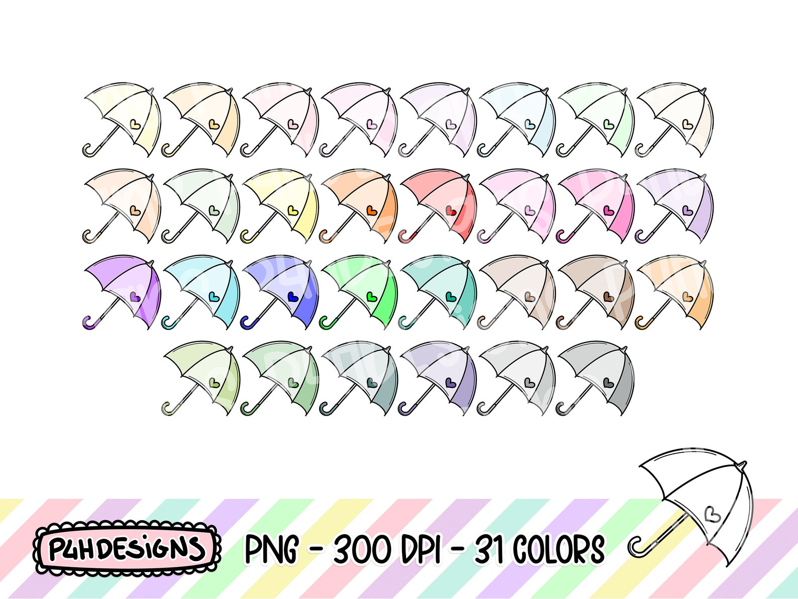 Umbrella Clipart, Doodle Clipart, Multicolor, Commercial Use, Hand ...