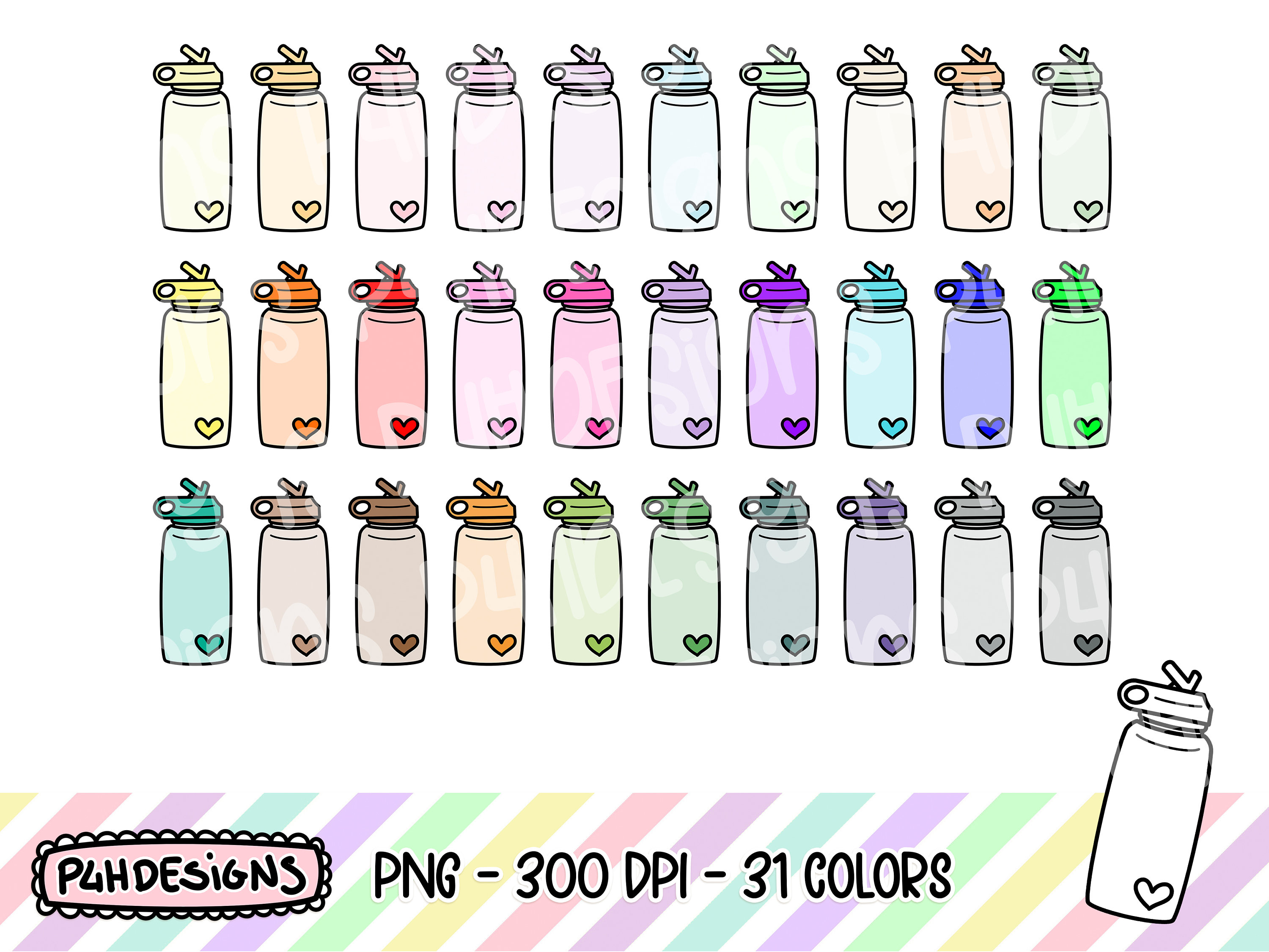 Water Bottle Clipart, Doodle Clipart, Multicolor, Commercial Use, Hand ...