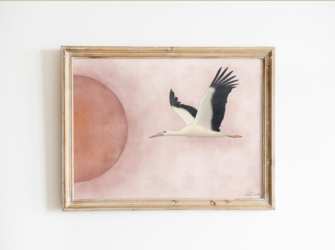 Stork Artwork // Downloadable Print Bird Wall Art 70s Home | Etsy